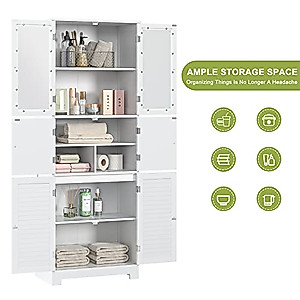 HOSTACK 67” Tall Kitchen Pantry Cabinet, Bathroom Storage Cabinet with Glass Doors and Shelves, Freestanding Floor Cabinet Cupboard for Bathroom, Living Room, Home Office, White