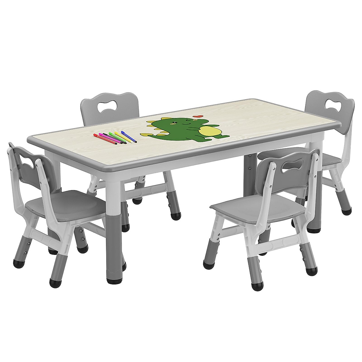 Kids Table and 4 Chairs Set, Height Adjustable Toddler Table and Chair Set for Ages 2-10, Graffiti Desktop, Non-Slip Legs, Children Table and Chair Set for Daycare Classroom Home, Grey