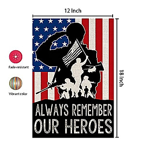 CROWNED BEAUTY Memorial Day Soldier Garden Flag 12x18 Inch Double Sided Always Remember Our Heroes 4th of July Patrioctic American Independence Outside Yard Decor