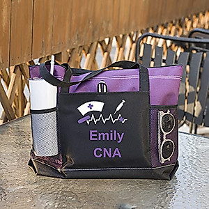 Personalized Nurse Tote Bag with Mesh Pockets, Zippered Beach Tote Bags , Large Travel Tote Bag for women, Gift for RN, LPN, CNA, Lightweight (Purple)