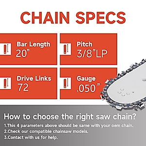 Dunhil 2-Pack 20 inch Chainsaw Chains 3/8" LP Pitch 050'' Gauge 72 Drive Links for Husqvarna 455 Rancher 455 pro 460 rancher 555, for Stihl 33rs 72 MS260 MS290 MS391