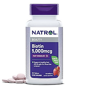 Natrol Beauty Biotin 5000mcg, Dietary Supplement for Healthy Hair, Skin, Nails and Energy Metabolism, 90 Strawberry-Flavored Fast Dissolve Tablets, 90 Day Supply
