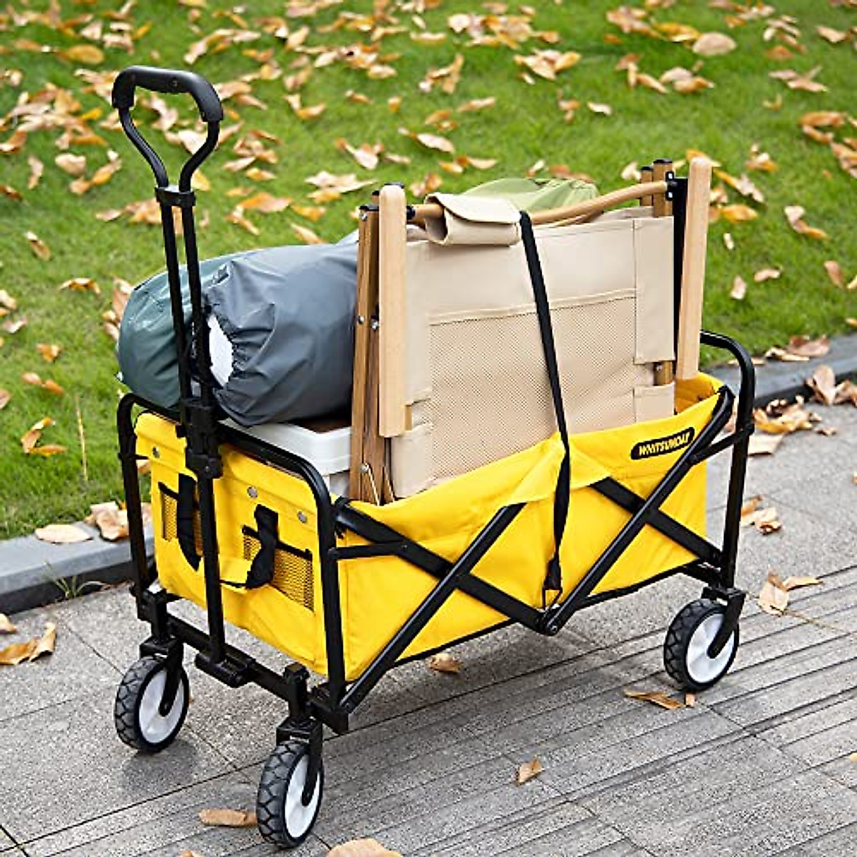 WHITSUNDAY Collapsible Folding Garden Outdoor Park Utility Wagon Picnic Camping Cart,Wagon Cart Heavy Duty Foldable for Picnic Camping Cart with Wheel and Bottle Holders Yellow