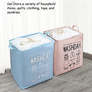 Shellconch Foldable Storage Bin Basket Laundry Basket，Foldable Fabric Storage Bin With Drawstring Cover。Dirty Clothes Hamper for Bedroom.（16.5L x 12.6W x 21.6H） (Blue), L 16.5in * W 12.6in * H 21.6in