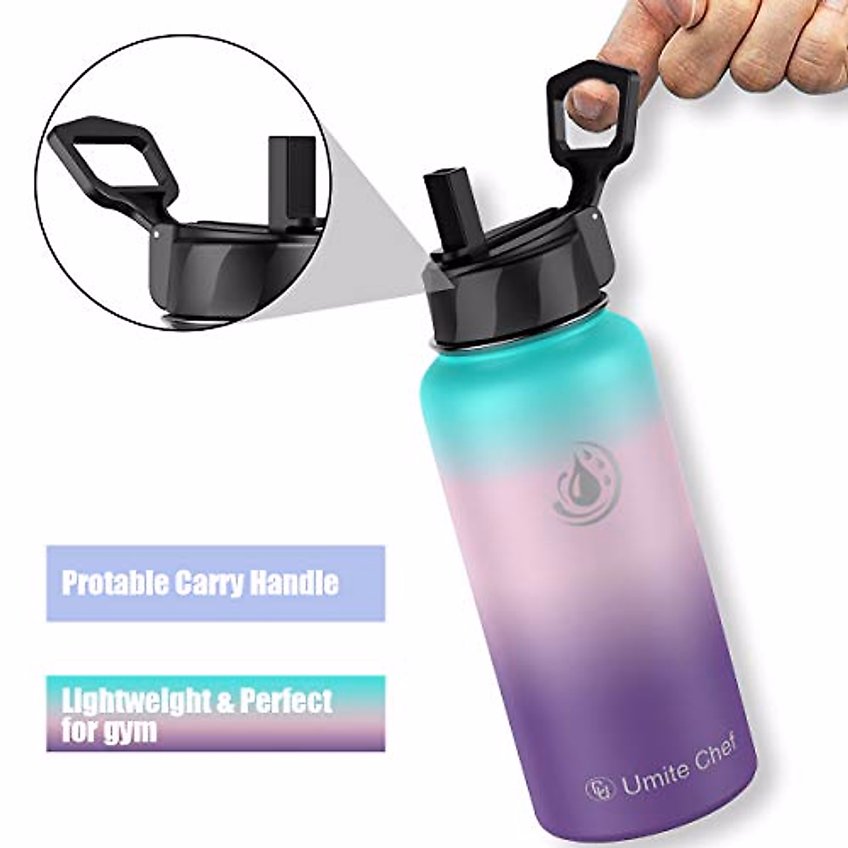 Umite Chef Sports Water Bottle with New Wide Handle Straw Lid, Vacuum Insulated Stainless Steel Thermos Mug, 32 oz Double Walled Wide Mouth Water Bottle ,Leak Proof, Sweat Free （Hydrangea）