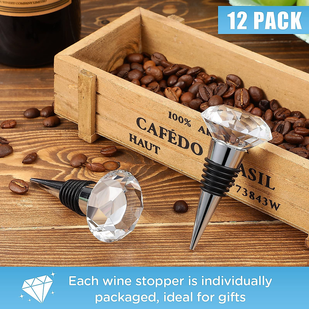 12 Pieces Wine Beverage Bottle Stopper Corks Reusable Diamond Plug Wine Corks for Wine Bottles Crystal Bottle Stopper for Wine Decorative Accessories with Individual Present Box