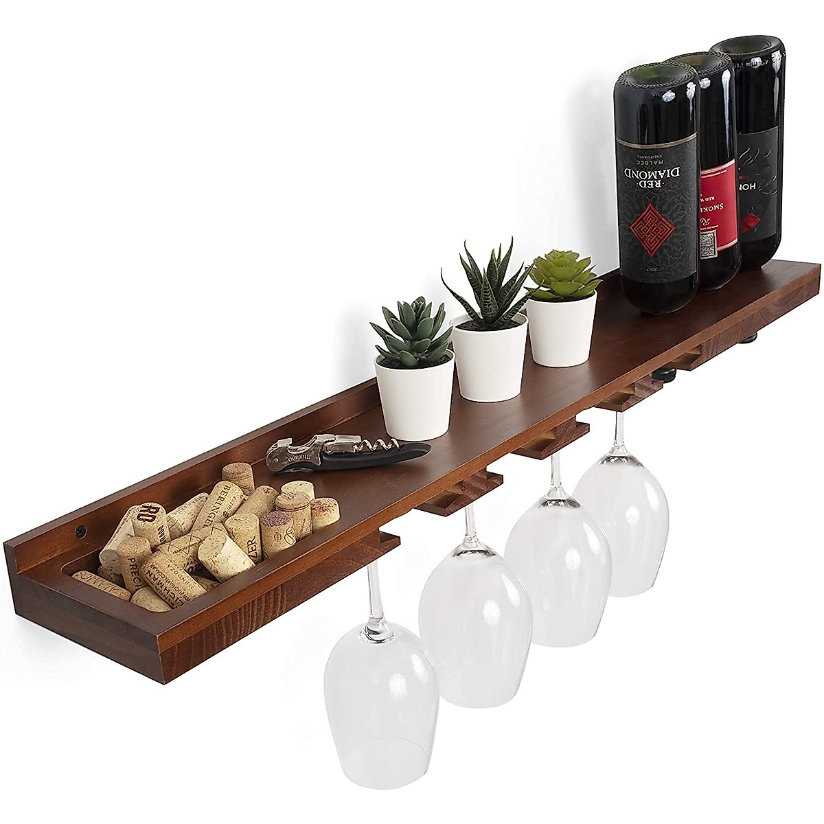 Rustic State Molise Wall Mount Wood Floating Wine Rack Stemware Holder Glassware Shelf Cork Storage Organizer for 3 Bottles and 4 Glasses - Home, Kitchen, Dining Room Bar Décor - Walnut