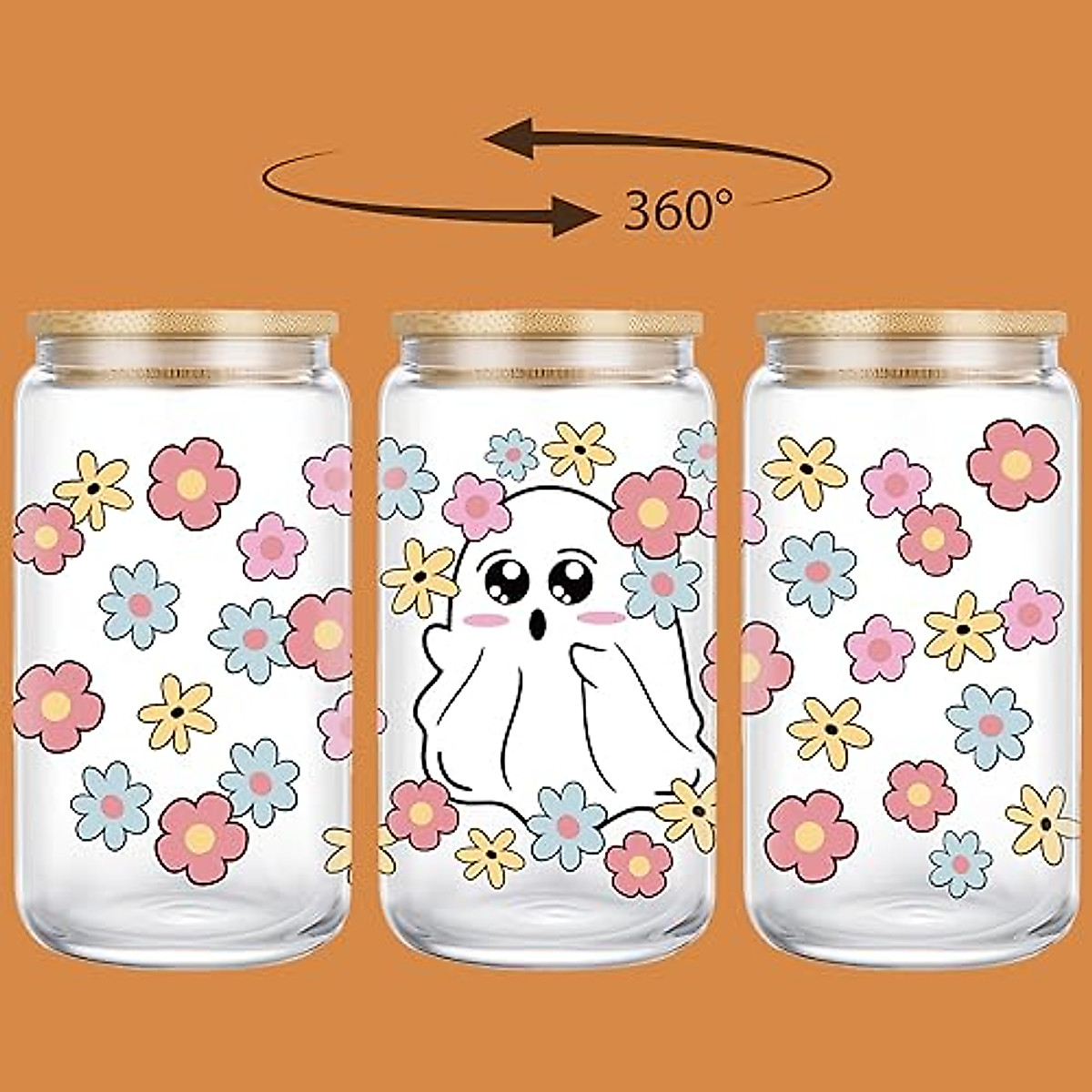 GSPY Halloween Ghost Iced Coffee Glass Cups, 16oz Cute Floral Ghost Can Shaped Glass Cups with Lids and Straws, Halloween Gifts, Spooky Halloween Tumbler Mug for Women Girls