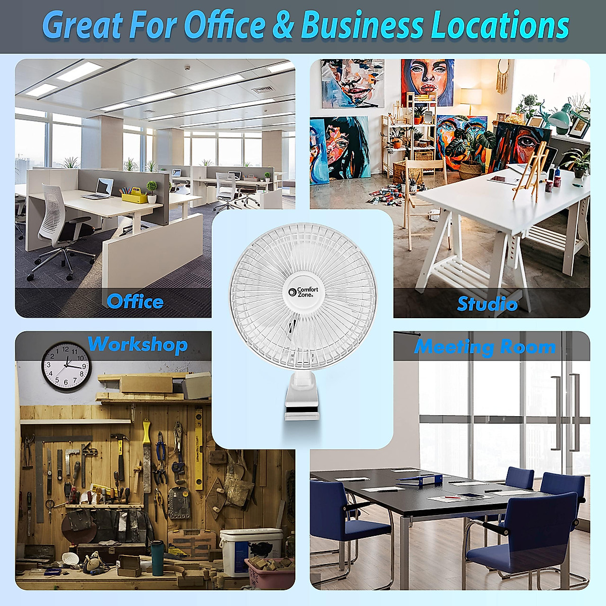 Comfort Zone CZ6C 6-inch Quiet Portable Indoor 2-Speed Desk Fan with Clip and Fully Adjustable Tilt, White for Home, Office, Bedroom