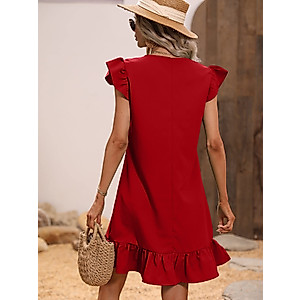 SOLY HUX Summer Dresses for Women V Neck Cap Sleeve Ruffle Hem Smock Short Dress Plain Red XL