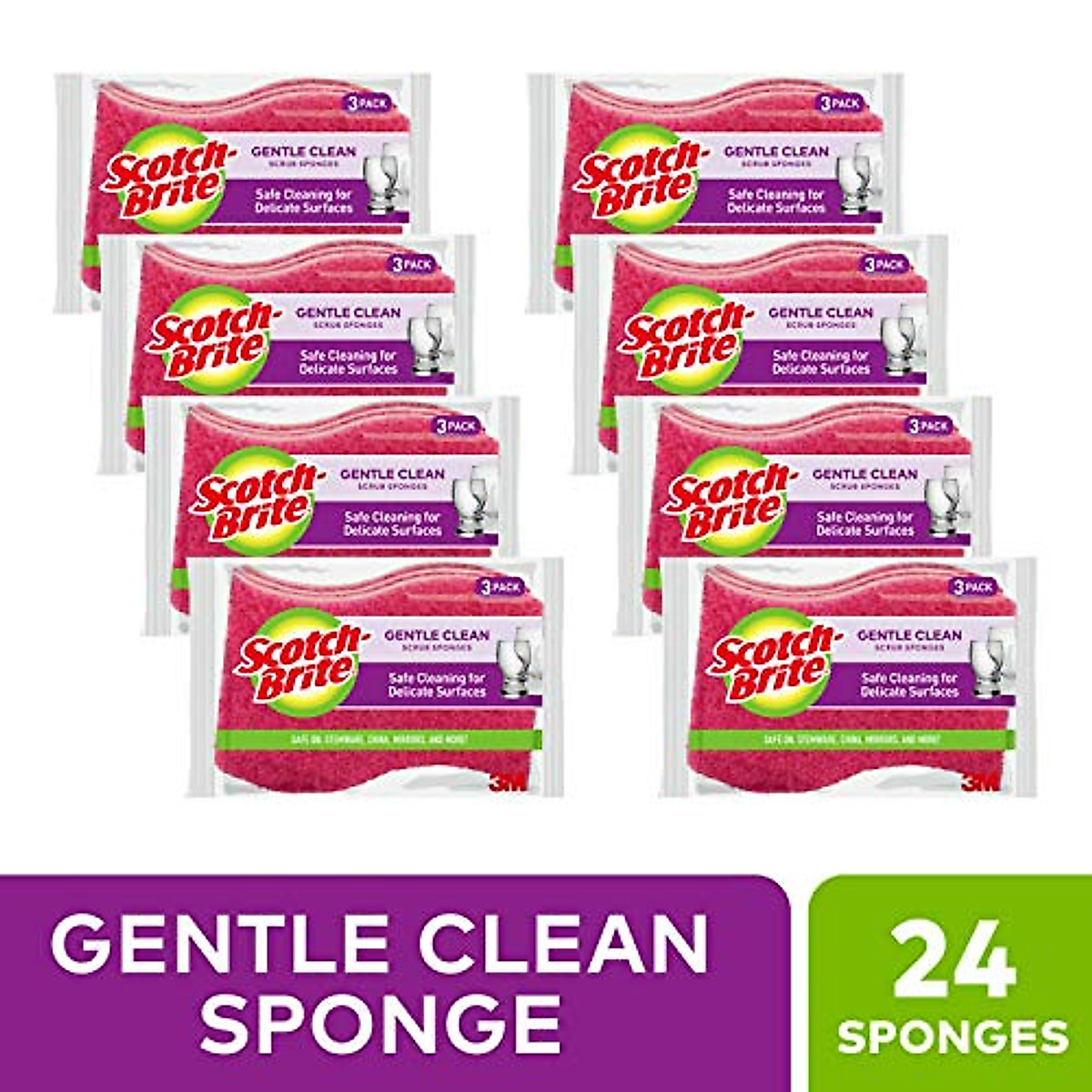 Scotch-Brite Brite Delicate Sponge, 3 Count (Pack of 8), Multi-Color