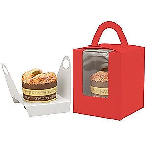 Walk Arrive Cupcake Box Clear Display Window with Strong Handle and Secure Insert Cake Box Bakery Box Cupcake Carrier Cupcake Holder Container for Baby Shower Wedding Birthday Festival Party (10, Red)