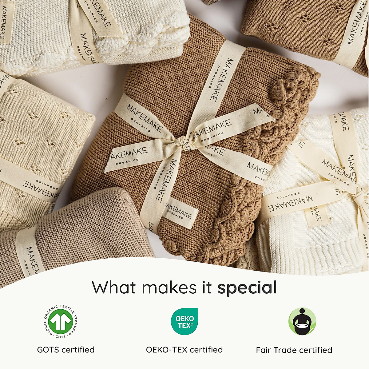 Makemake Organics Organic Baby Blanket GOTS Certified Organic Cotton Baby Blanket Newborn Modern Knit Blanket Breathable Unisex Boy Girl Stroller Blanket (30x40, Ivory)