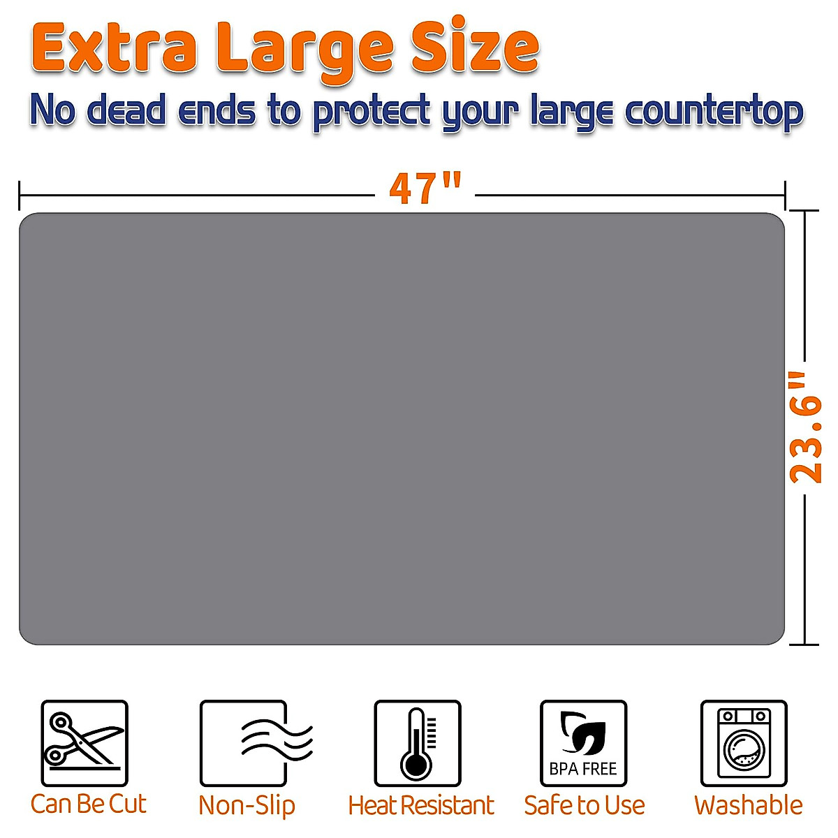 Warome Silicone Mat, 47"x 23.6" Silicone Mats for Kitchen Counter, Nonslip Heat Resistant Mat, Extra Large Kitchen Counter Mat, Countertop Protector for Craft, No Creases-Gray