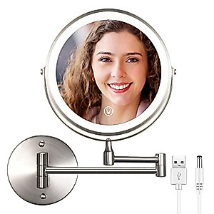 Rechargeable Lighted Wall Mounted Makeup Mirror 8 Inch 1X 10X Magnifying Double Sided, Touch Dimmable 3 Color LED Lights Vanity Mirror, Extendable 360° Swivel Bathroom Mirror, Brushed Nickel