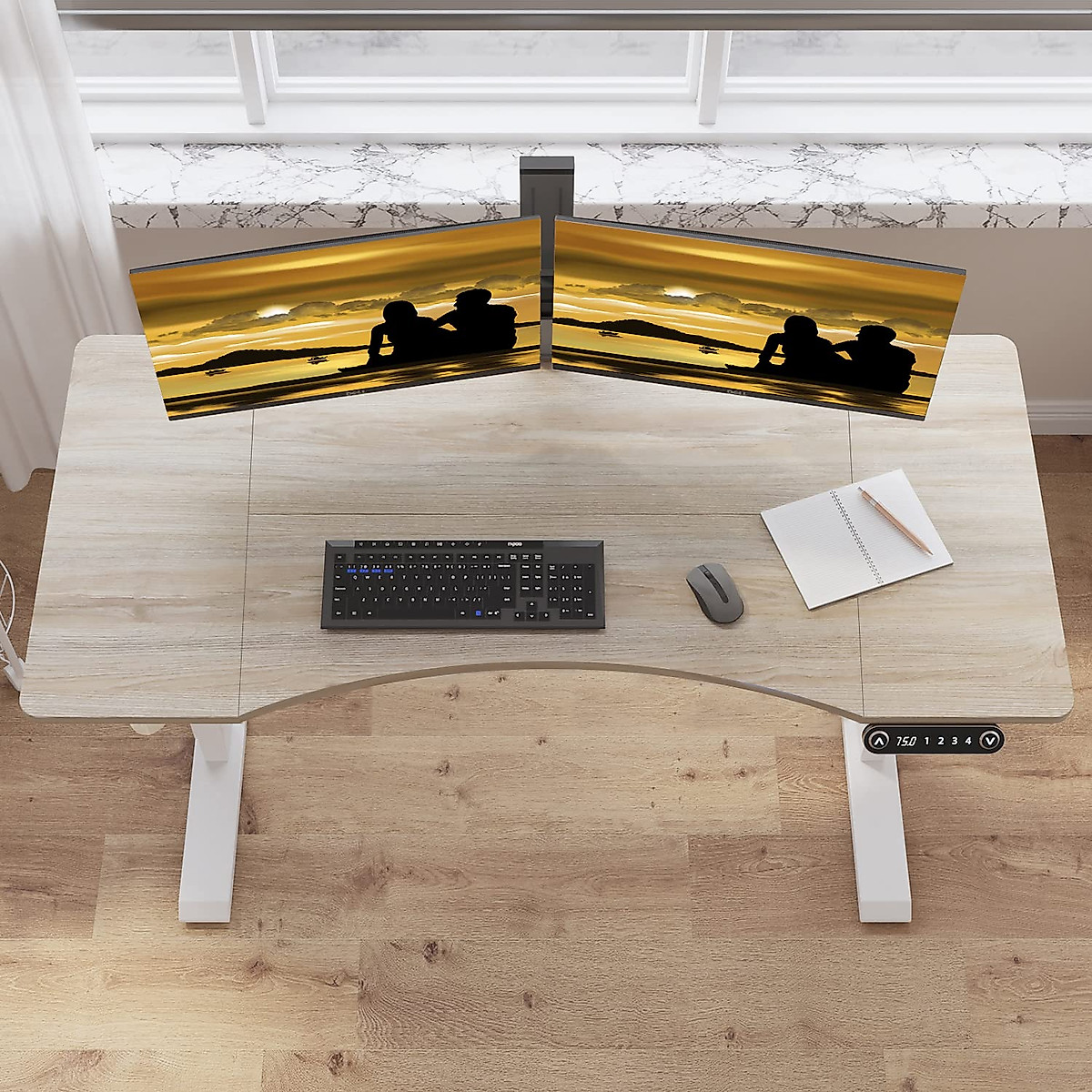 Jceet Adjustable Height Electric Standing Desk - 55 x 30 Inch Sit Stand Computer Desk with Splice Board, Stand Up Desk Table for Home Office, White Frame/Oak Top(with Radian)