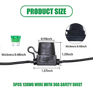 GKmow 5 PCS Plug-in Low-Voltage Fuse Holder, 30A Fuse, 12AWG Insulated Wire, Waterproof Appliances Protection Tool, Suitable for Cars, All-Terrain Vehicles, Motorcycles, Yachts, CD Players (Black)