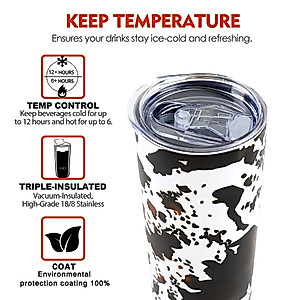 Mhrevyi Cow Print Skinny Tumbler With Lid and Straw - 20 oz Insulated Stainless Steel Travel - Cup Cow Stuff Accessories Decor - Double Wall Coffee Mug - Birthday Gifts for Mom, Sister, Friends, Women
