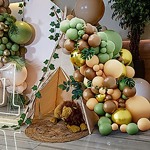 RUBFAC 160pcs Sage Green Brown Balloon Garland Kit Jungle Safari Woodland Balloon Arch with Sage Green Dark Brown Beige Gold Matte Balloons for Jungle Party Baby Shower Safari Birthday Decorations