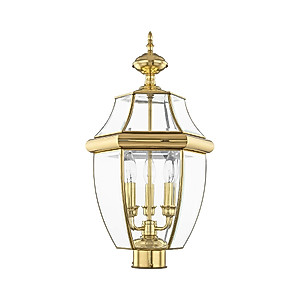 Livex Lighting Lantern 2354-02 Monterey 3 Light Outdoor Polished Brass Finish Solid Brass Post Head with Clear Beveled Glass, 17" x 9" x 11"