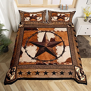 Western Texas Star Kids Duvet Cover Set King Size,Cow Fur Wooden Plank Bedding Set,Boys Girls Adults Room Decor,Rustic Farmhouse Western Cowboy Comforter Cover,Brown Retro Quilt Cover,2 Pillowcases