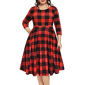 Plaid Dresses Women Plus Size Christmas Buffalo Black Red Holiday Xmas Party Fit Flare Pockets Long Sleeve Midi Dress
