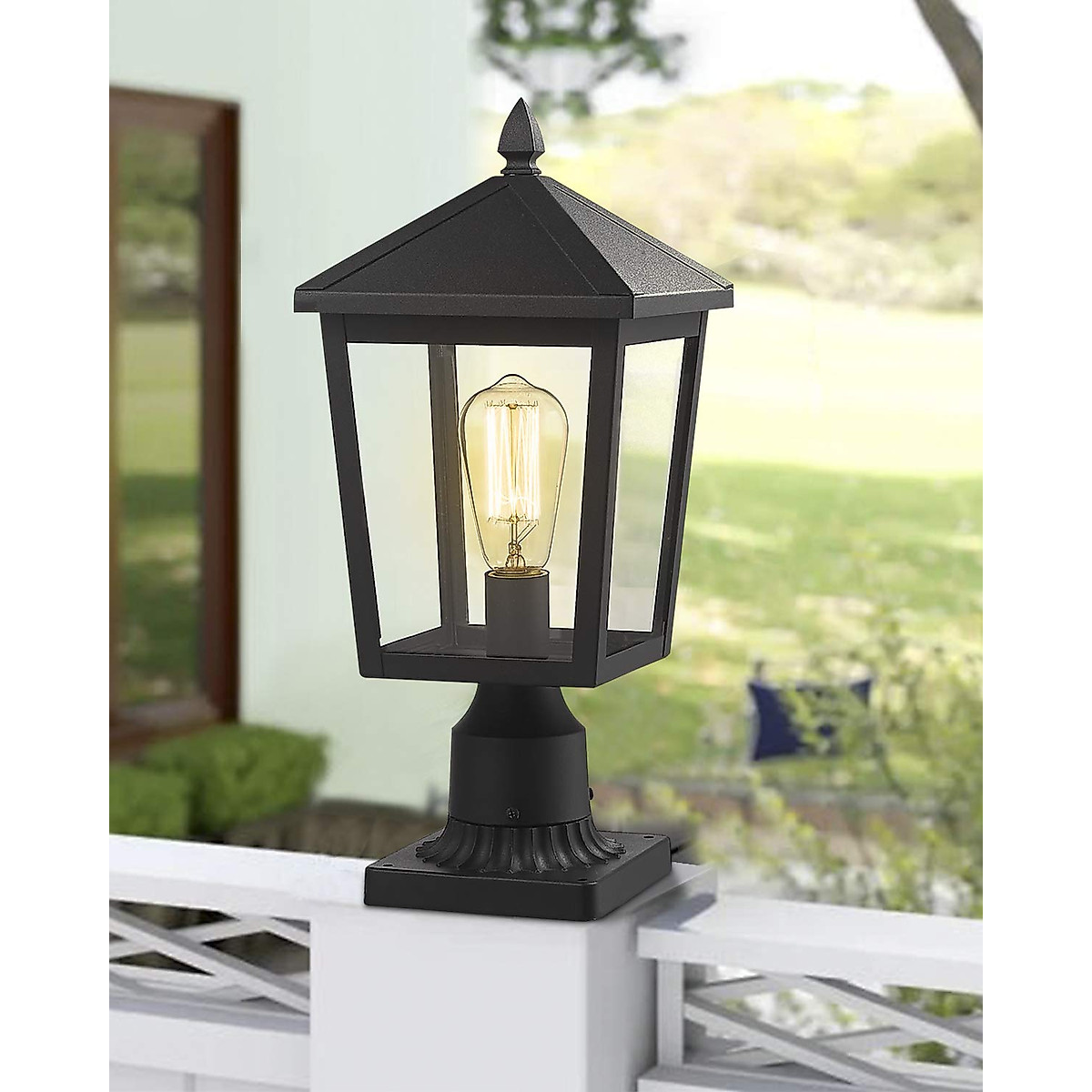 zeyu Outdoor Post Light, 16 Inch Exterior Pole Light Pillar Lantern with Clear Glass Shade and Black Finish, 20076P