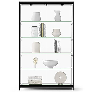 Displays2go 48 Inch Glass Display Case, Nine LED Lights, Four Shelves, Lockable Hinged Doors - Black (LESC4816BK)