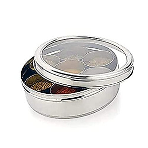 King International Stainless Steel Indian Spice Box, Indian See Through Masala Dabba, Masala Box,Steel Masala Dabba, Indian Spice Container, with 7 Spice containers Size 20 X 20 x 8 cm, Set of 9