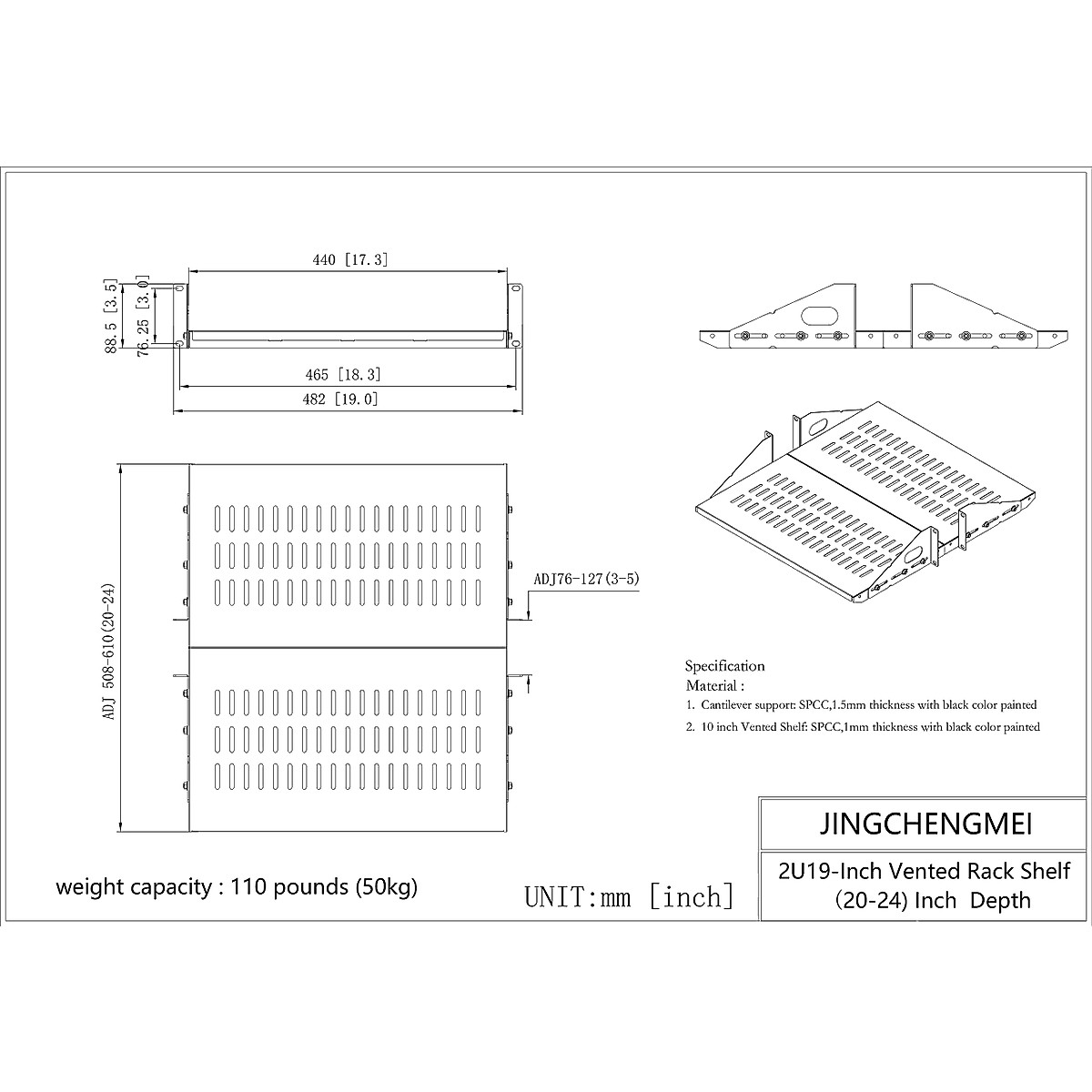 Jingchengmei 2U Cantilever Server Shelf Rack Mount-19 Inch 2 Piece Set Center Weighted for AV/Data Equipment Enclosure (2U2PC10V, black)