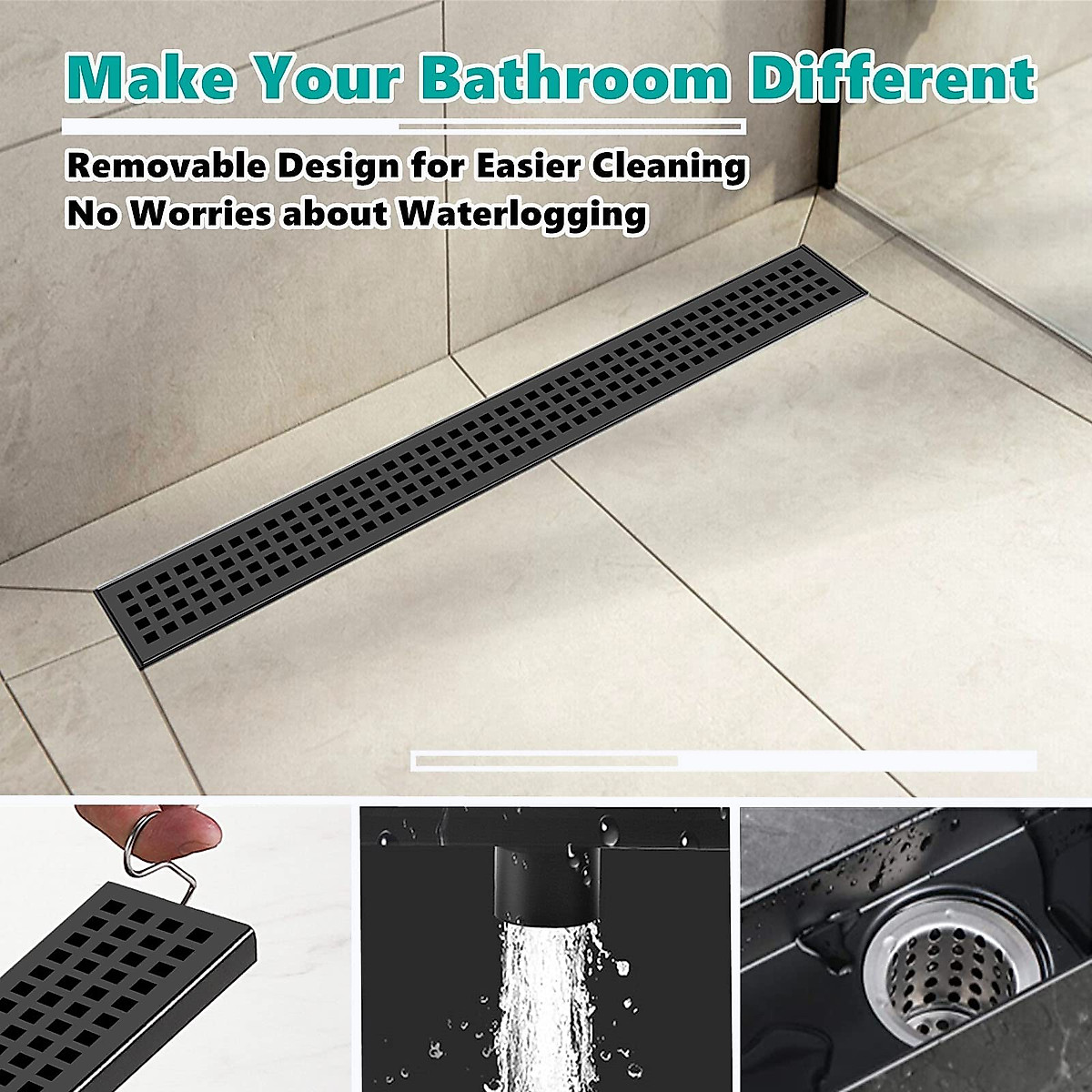 BARONAGE Linear Shower Drain 24 Inch with Removable Square Hole Pattern Cover Grate, 304 Stainless Steel Black Shower Floor Drain Watermark & CUPC Certified Include Accessories