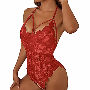 Aniywn Women Babydoll Lingerie Lace Chemise Sleepwear Dress Halter Neck Nightwear Teddy Dress Sexy Lace Onesie Pajamas Red