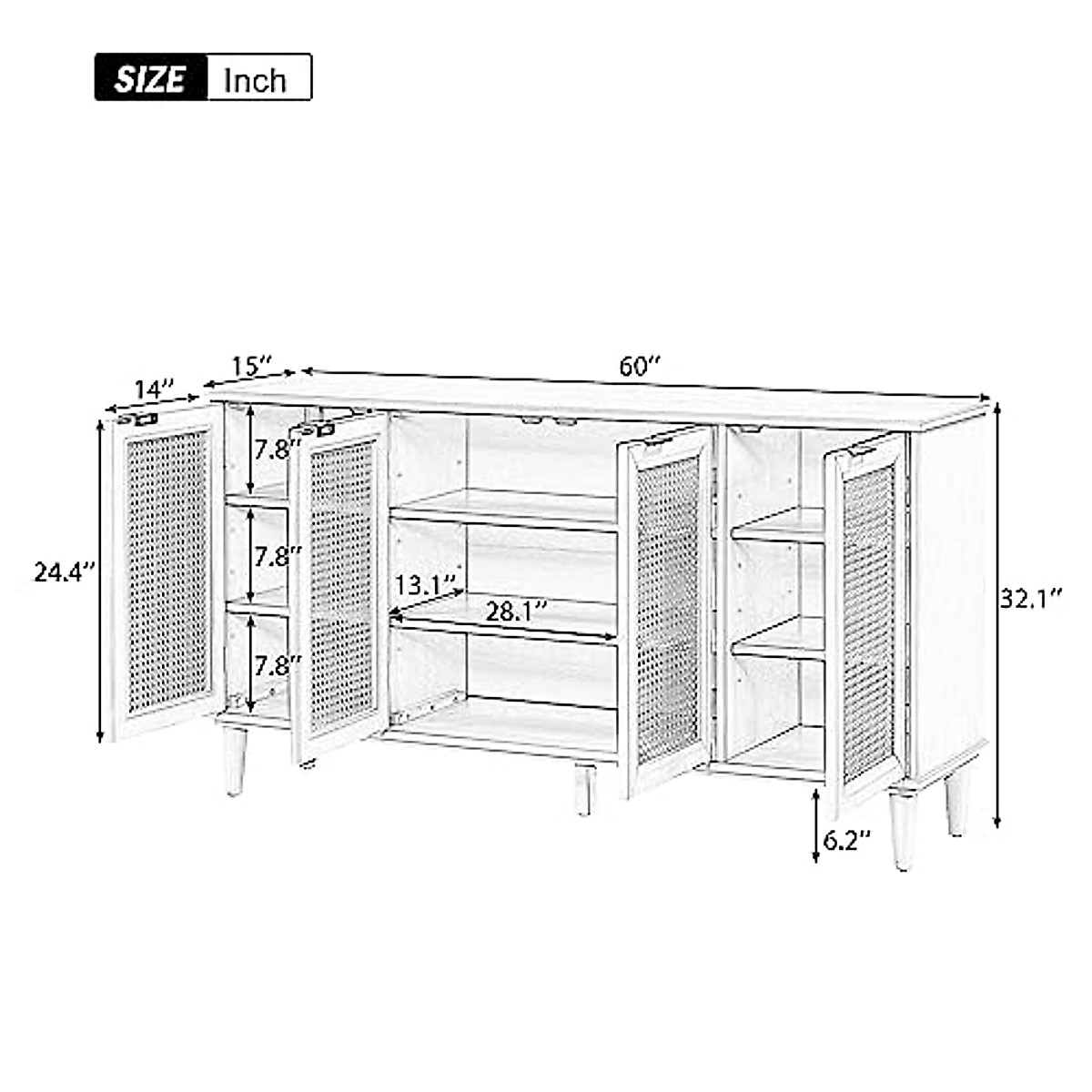 Black Sideboard Buffet Cabinet with Artificial Rattan Door, Large Buffet Sideboard Storage Cabinet with Adjustable Shelves, Sideboard Buffet Table for Living Room, Kitchen, Dining Room
