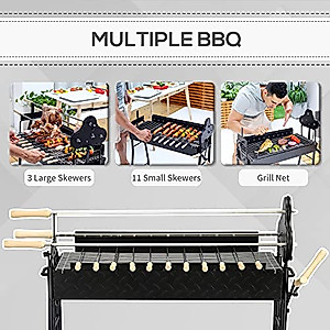 Outsunny Portable Charcoal BBQ Grills Steel Rotisserie Outdoor Cooking Height Adjustable with 4 Wheels Large/Small Skewers Portability for Patio, Backyard, Black