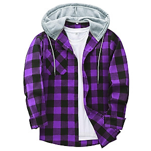 ZITY Men's Flannel Hoodie Shirts Casual Button Down Plaid Shirt Jackets for Men Long Sleeve Stylish Hooded with Pocket Black Purple Medium