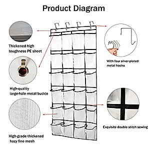 Hanging Shoe Organizer, 24 Pocket Shoe Storage Hanging to Keep Shoes Tidy, Complete With 4 Reversible Heavy Duty Metal Over Door Hooks for Ideal Hanging Shoe Storage ，Made of Oxford cloth