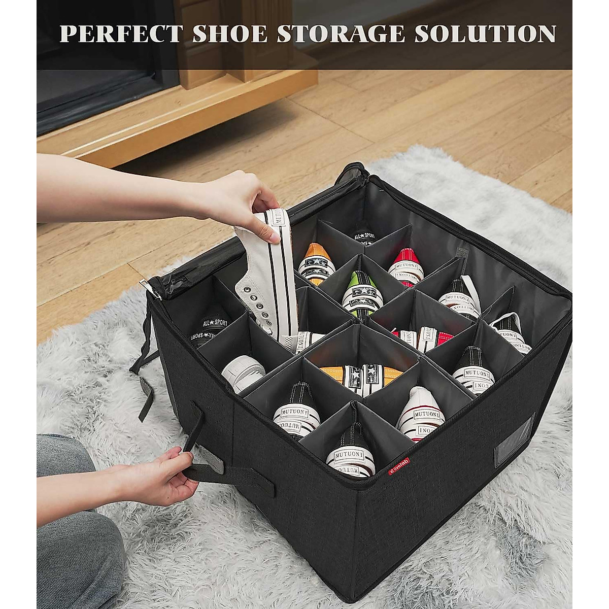 Livelab Foldable Shoe Organizer, Space Saving Fabric Shoe Holder for Closet, Adjustable Dividers for Shoe Storage Bins with Clear Cover & Bottom Support, Shoe Cube Organizer Up to 16 Pairs (Black)
