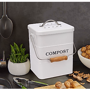 Compost Bin Kitchen Countertop Indoor Compost Pail Bucket, Great for Food Scraps, Carbon Steel, Handles, White, 1 Gallon - Includes Charcoal Filter