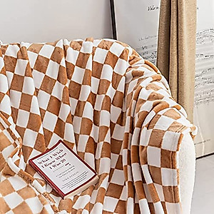Checkerboard Throw Blankets Luxurious Plaid Flannel Blanket - Super Soft and Warm 100% Polyester Throw for Sofa, Couch, Bed, Car, and Airplane - Elegant Gift Ribbon Included (Khaki,60"x50")
