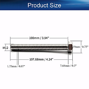 Auniwaig Hex Head Bolts M12-1.75 x 100mm Fully-Threaded Hex Tap Screw Bolts 304 Stainless Steel Heagon Head Cap Bolt Screws 5pcs