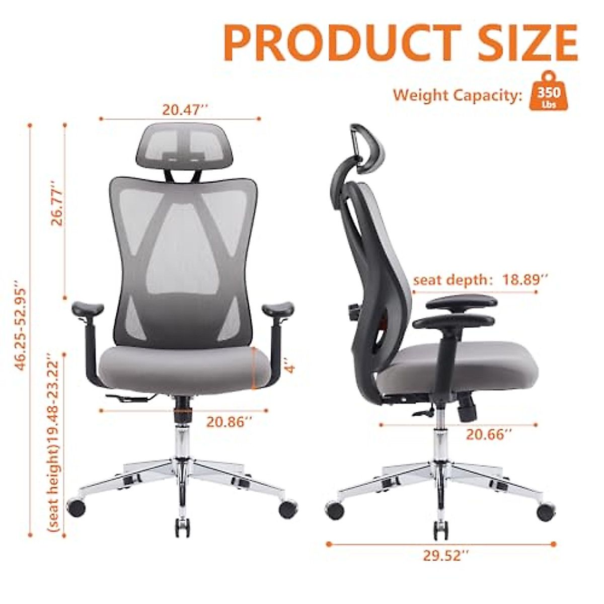 Office Chair, Desk Chair Computer Chair Ergonomic Office Chair with 2D Armrest Adjustable Lumbar Support & Headrest, High Back Home Office Desk Chair 135°Tilt Function Big and Tall Office Chair