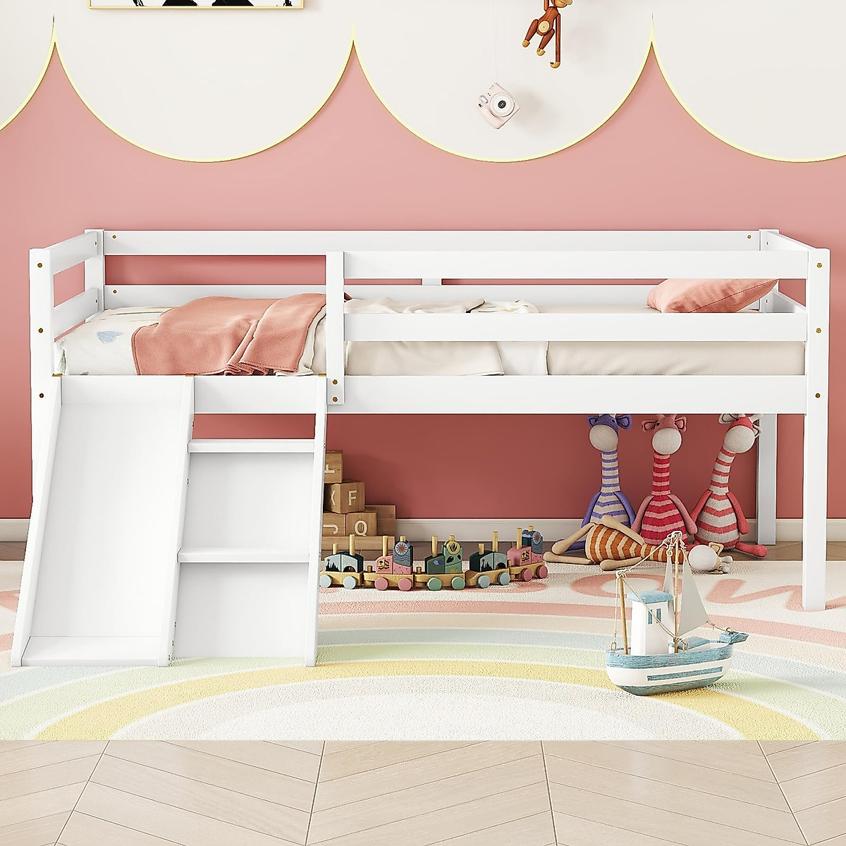 Toforo Twin Low Loft Bed for Kids with Slide and Ladder, Wood Loft Bed Frame with Safety Guardrail for Children, Teens, Boys or Girls, White