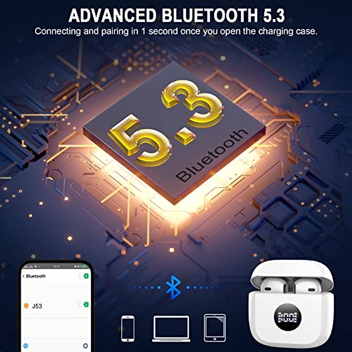 Wireless Earbuds, Bluetooth 5.3 Ear Buds LED Power Display Headphones Bass Stereo, Bluetooth Earbuds in-Ear Noise Cancelling Mic, 40H Playback Mini Case IP7 Waterproof Sports Earphones for Android iOS