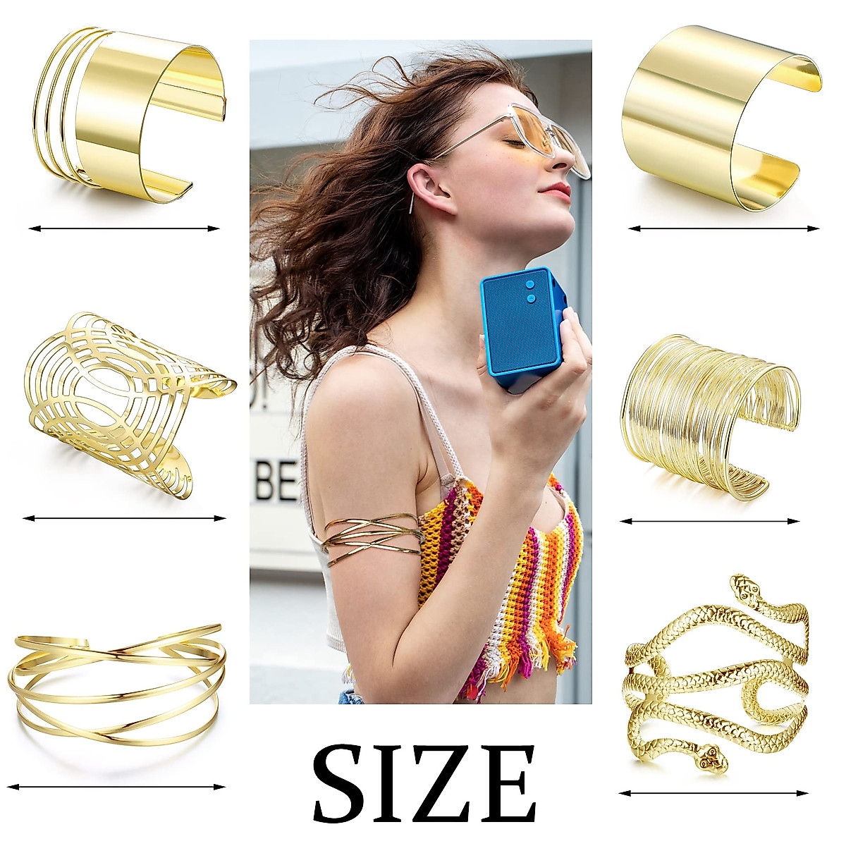 JeryWe 6 Pcs Upper Arm Cuff Jewelry for Women Armband Cuff Bangle Bracelet Set Adjustable Open Armlet Coil Wrap Bracelet Costume Jewelry Gold Silver Tone
