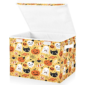 Large Collapsible Storage Bins with Lids, Halloween Pumpkin Ghost Storage Baskets Organizer Containers with Handles for Nursery Clothes Toys