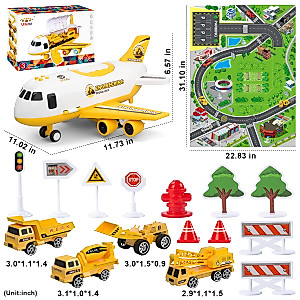 UNIH Toddler Airplane for 2 3 4 5 Year Old Boys & Girls, Kids Toys Plane with Lights and Sounds, Transport Cargo Airplane with 4 Construction Cars