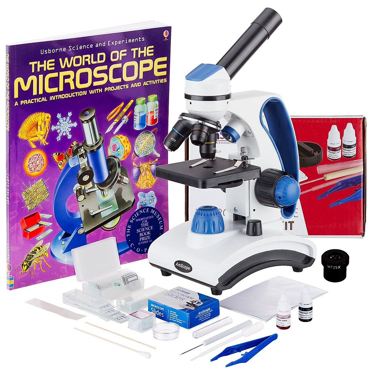 AmScope M162C-2L-PB10-WM-SP14-50P100S 40X-1000X Beginners Microscope Kit for Kids & Students w/Complete Science Accessory Kit + World of The Microscope Book