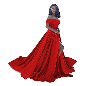 Off Shoulder Satin Prom Dresses Ball Gown Plus Size Formal Dresses for Women Wedding Dress with Slit,Red Size 10
