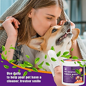 WALLZON Teeth Cleaning Finger Wipes for Dogs & Cats, Soft Pet Dental Care Wipes, Disposable Pet Tooth Brushing Wipes, Gentle Cleaning & Gum Care Finger Pet Wipes (100 Wipes)