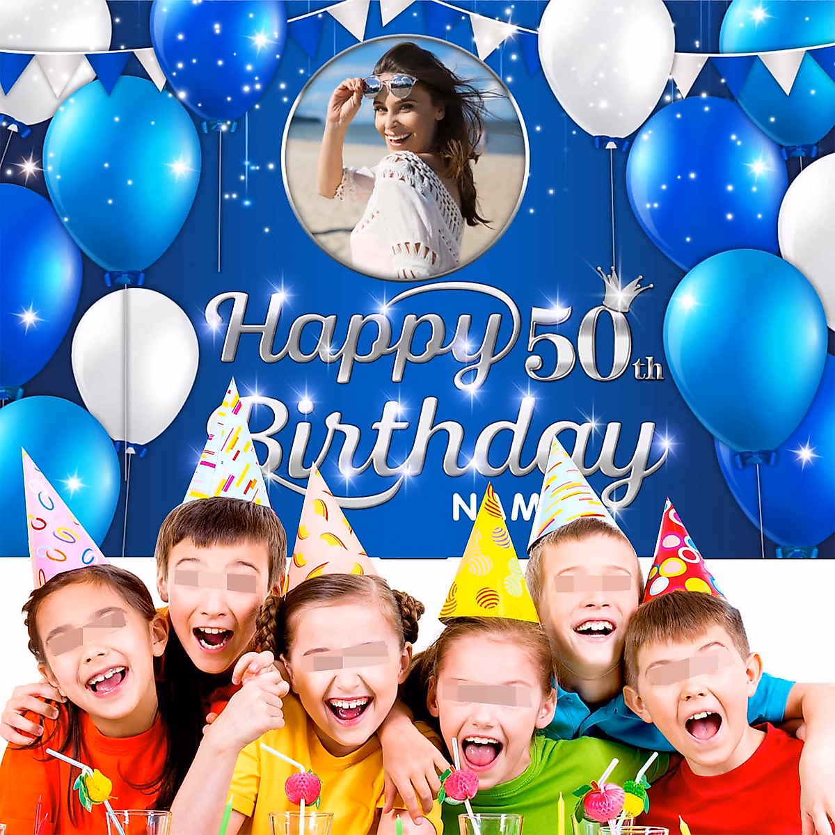 Custom Navy Blue Happy 50th Birthday Decoration Banner - Personalized with Photos and Names